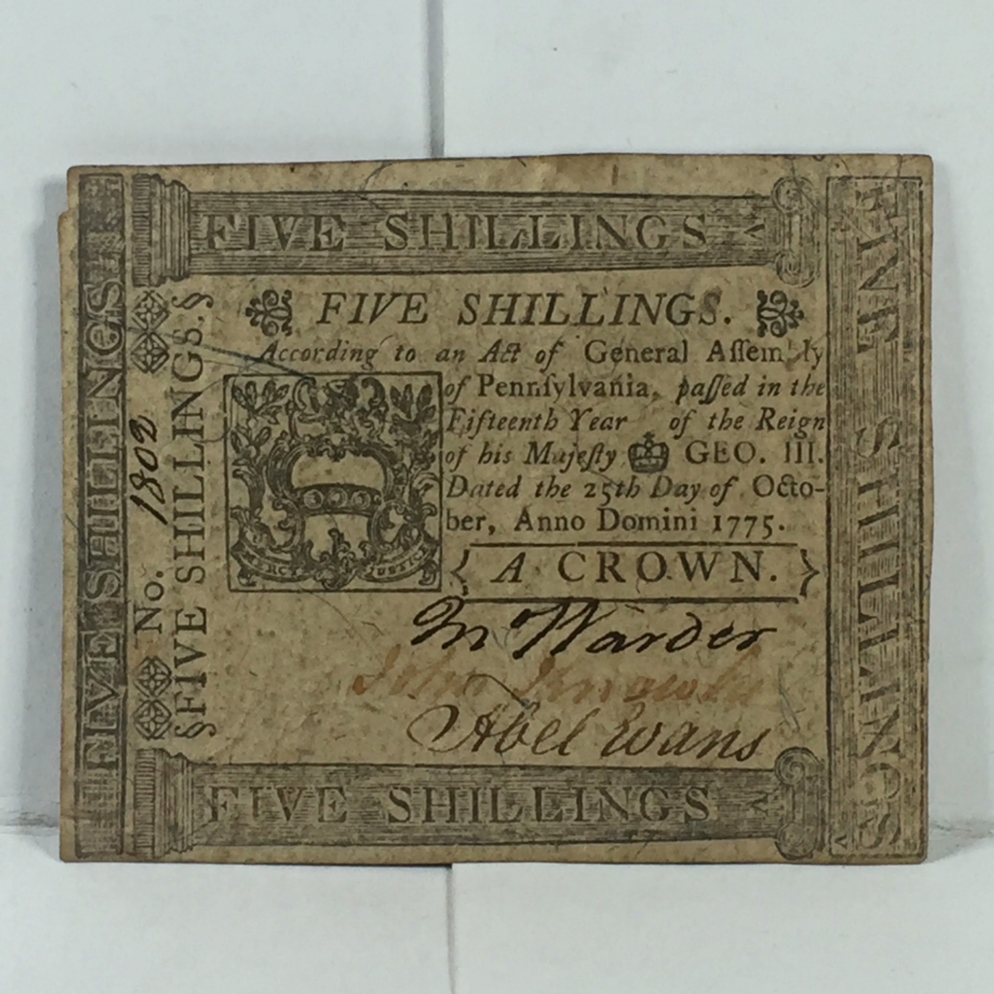 1775 Five Shillings Pennsylvania Colonial Note | Property Room