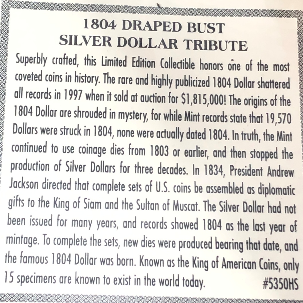 1804 Draped Bust Dollar Commemorative Tribute | Property Room