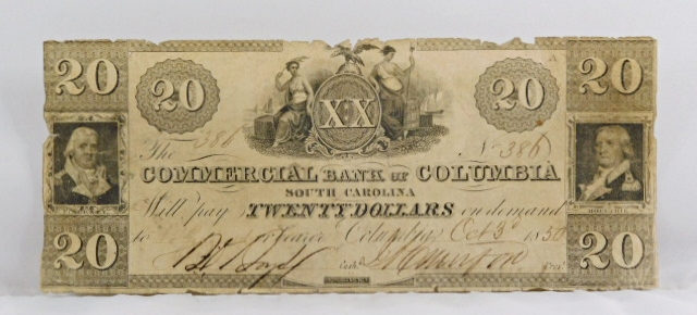 1850 $20 Commercial Bank of Columbia South Carolina Obsolete Broken ...