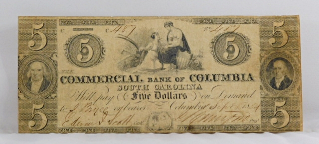 1854 $5 Commercial Bank of Columbia South Carolina Obsolete Broken Bank ...