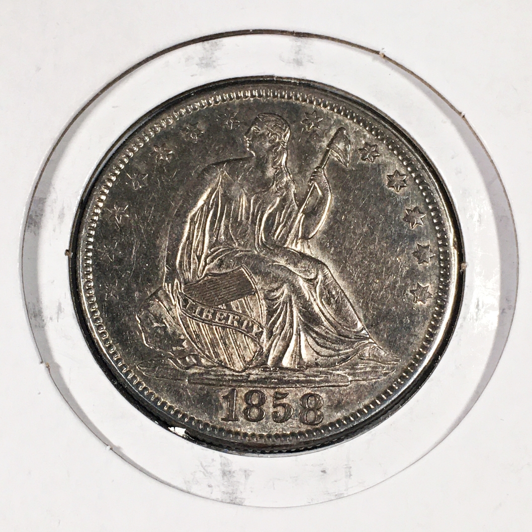 1858 Silver Seated Liberty Half Dollar*LIBERTY Fully Visible*High Grade*Rainbow tone | Property Room