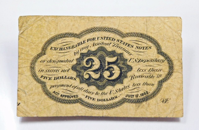 1862 25c United States Postage Currency*Receivable For Postage Stamps ...