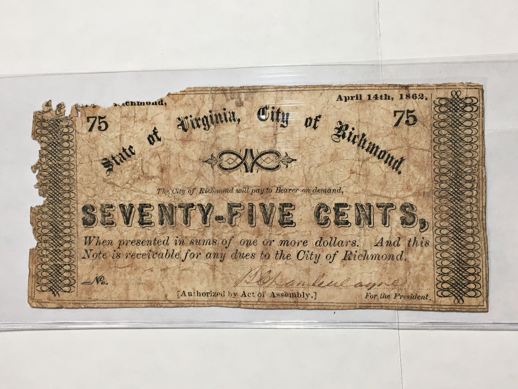 1862 States of Virginia, City of Richmond 75 Cents Fractional Obsolete ...
