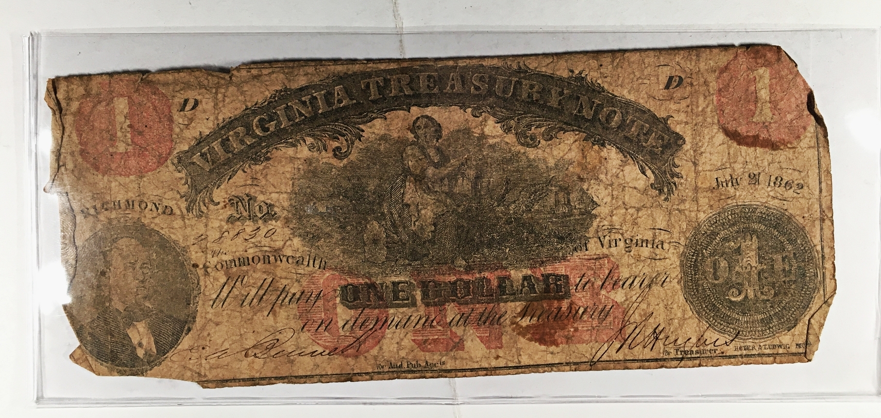 1862 Virginia Treasury Note One Dollar*Richmond | Property Room