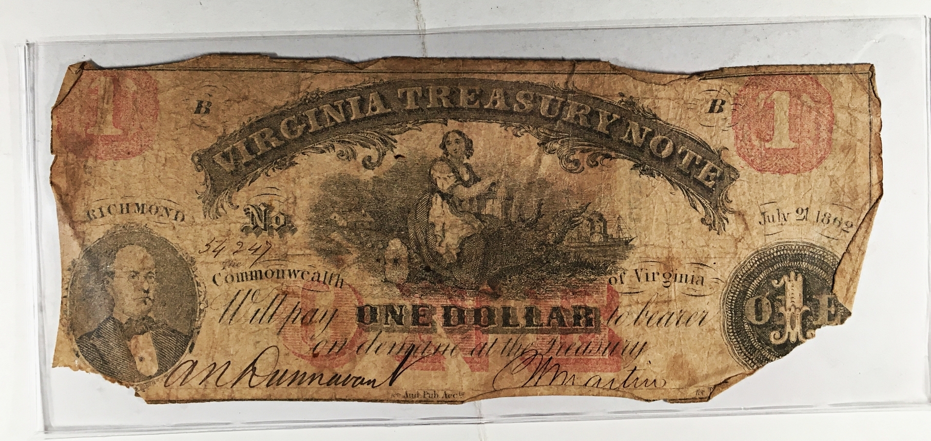 1862 Virginia Treasury Note One Dollar*Richmond | Property Room