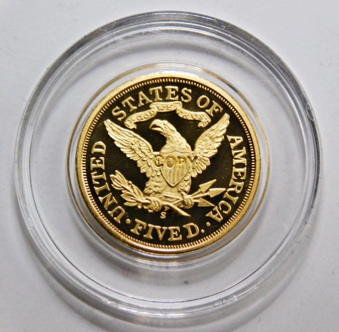 1866 24K Gold Layered $5 Gold Piece Replica*Proof*In Protective Capsule ...