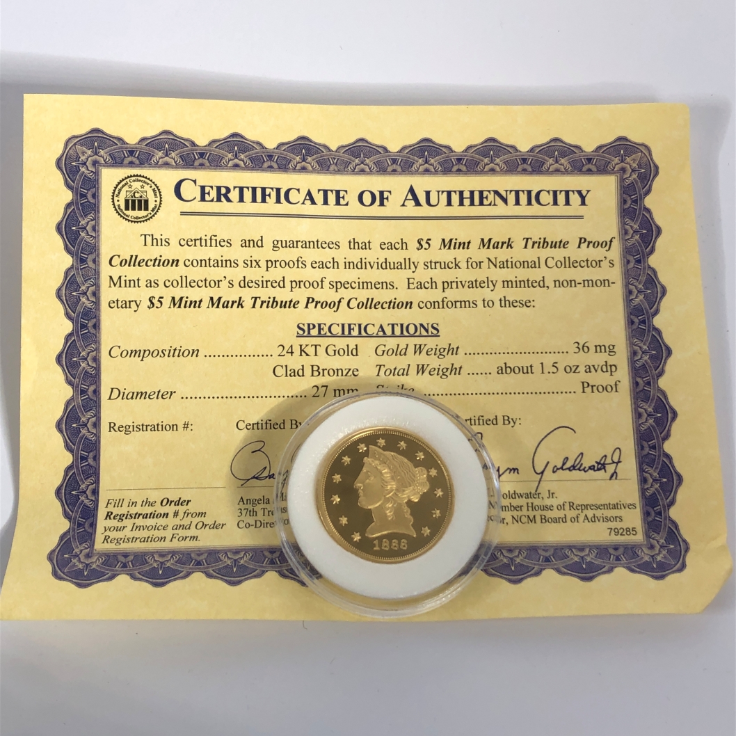 1866 $5 Gold Replica Coin Layered in 24KT Gold Protective Holder ...