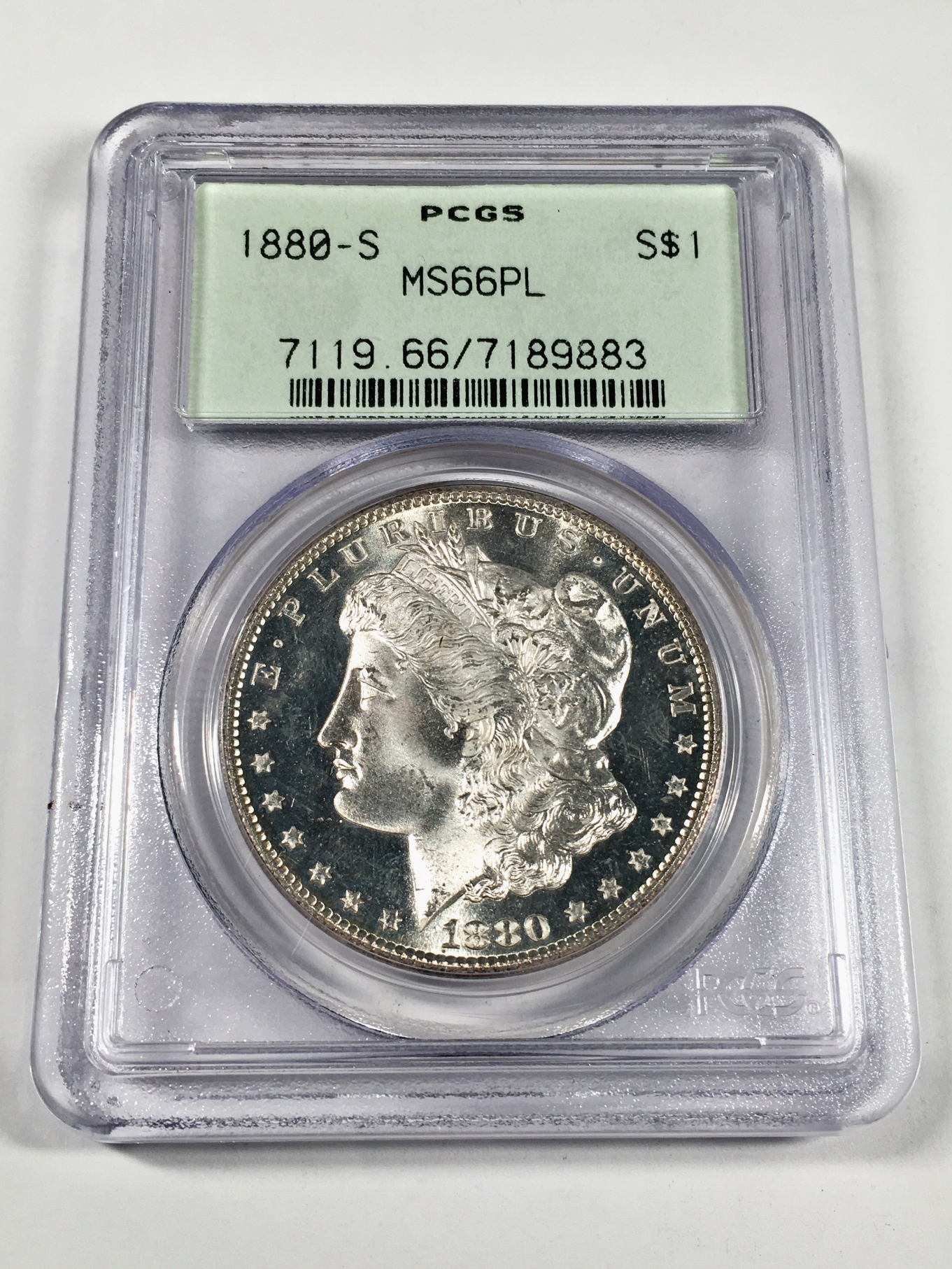 1880-S Morgan Silver $1*Graded MS66 PL by PCGS*Vintage Green Label | Property Room