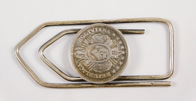 1886 Bolivia Silver 5 Cent Coin Welded on a Heavy Wire Money Clip ...
