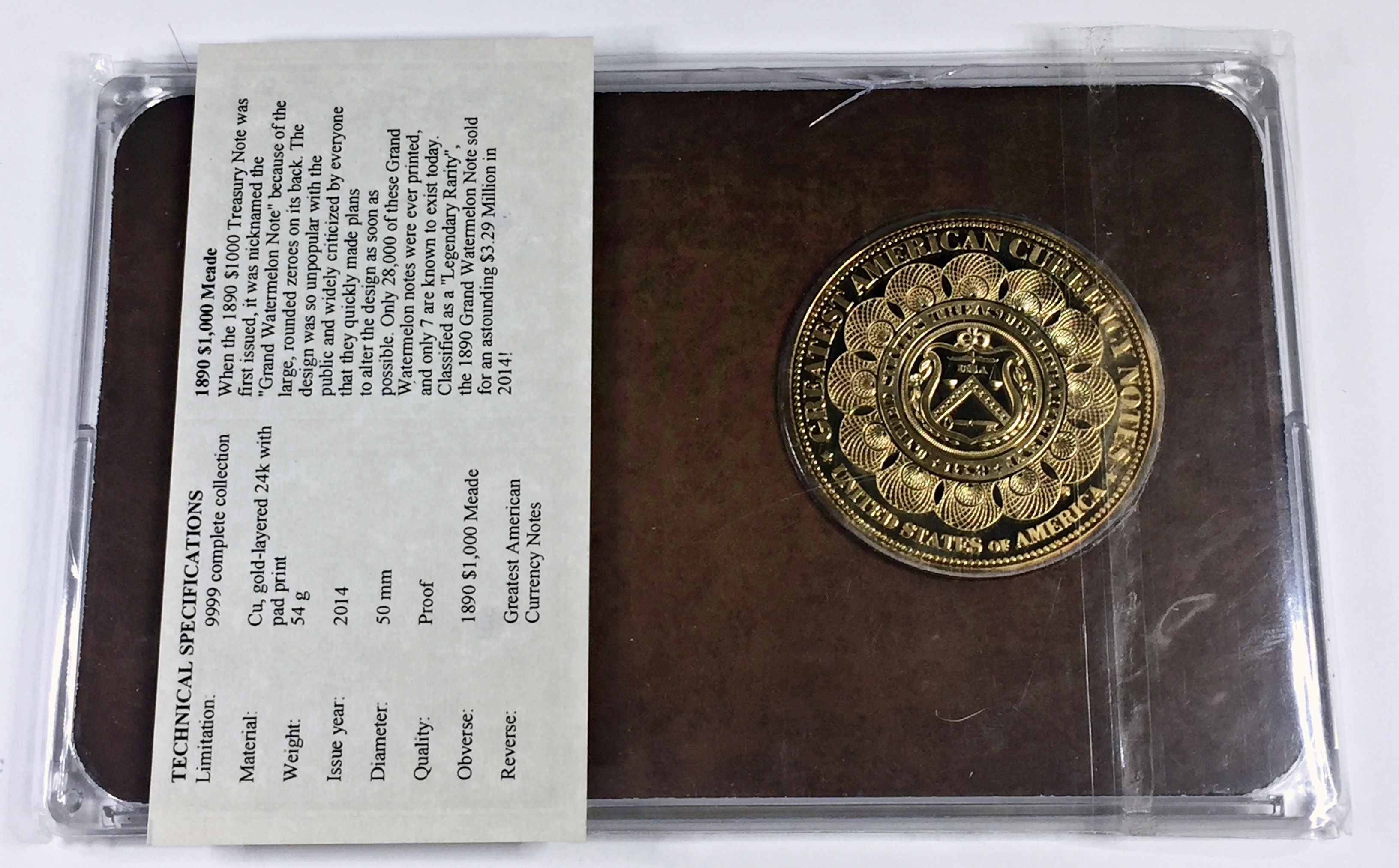 1890 $1000 Grand Watermelon Note Commemorative*24K Gold Layered 50mm ...