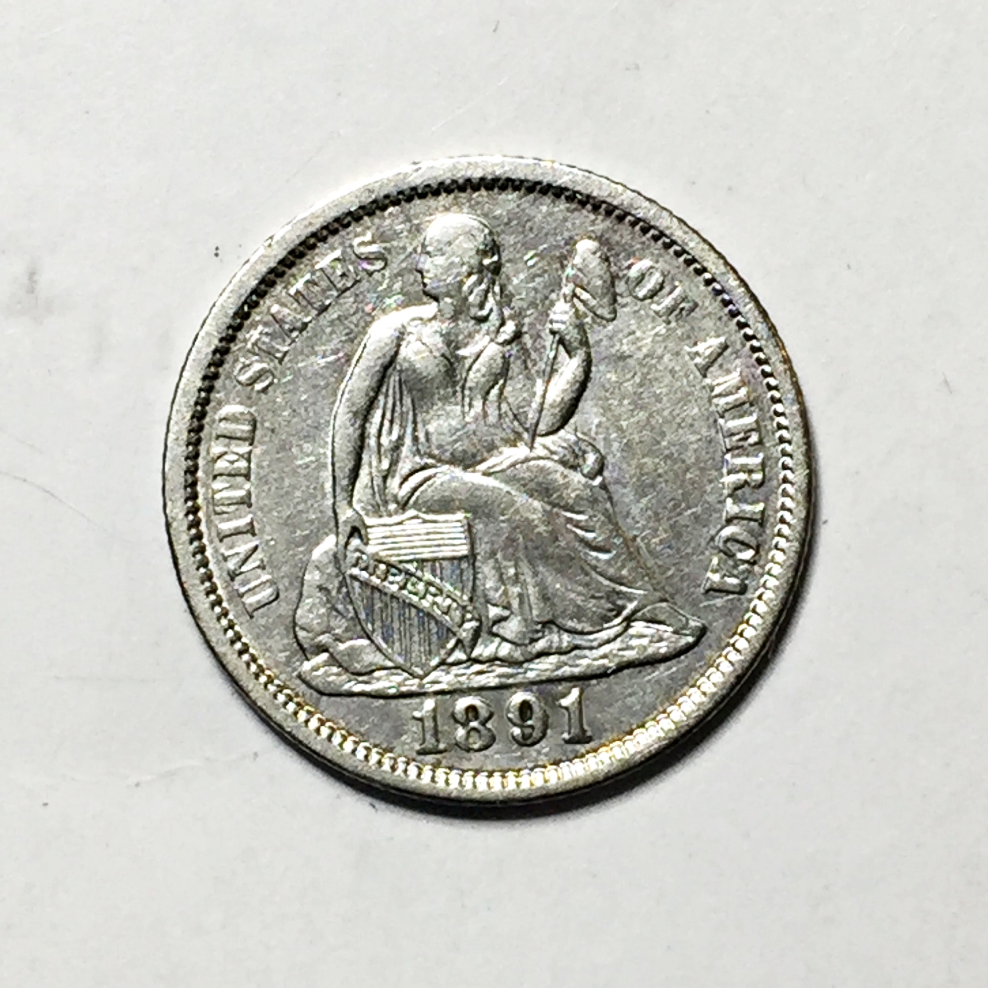 1891 Silver Seated Liberty Dime*High Grade*LIBERTY Fully Visible ...