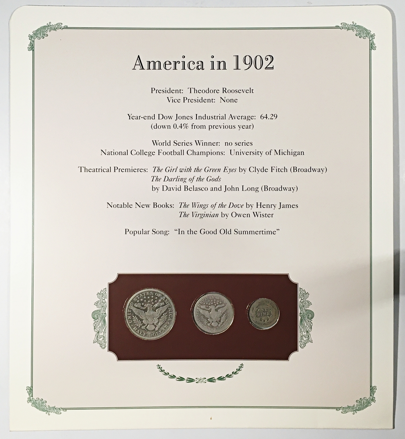 1902 Silver Barber Half Dollar, Quarter and Dime*On 9" x 10" Historical Story Board | Property Room