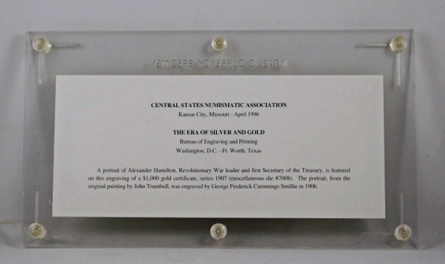 1907 $1,000 Intaglio Currency Specimen Commemorative Issued by the BEP ...