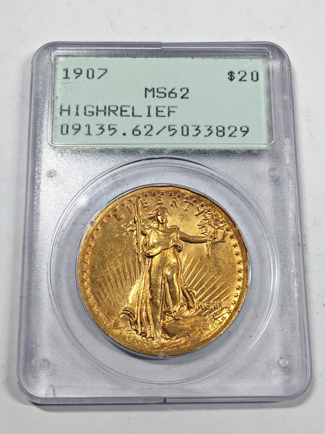 1907 $20 Saint*Gaudens Gold Double Eagle*Graded MS62 High Relief by PCGS*Vintage Green Label ...