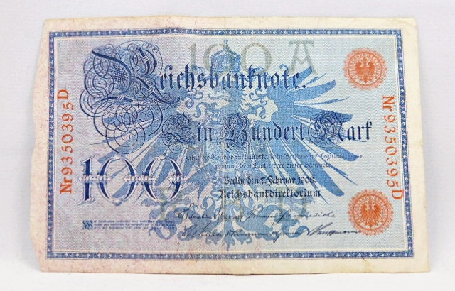 1908 German Empire "Reichsbanknote" 100 Marks High Quality Note ...
