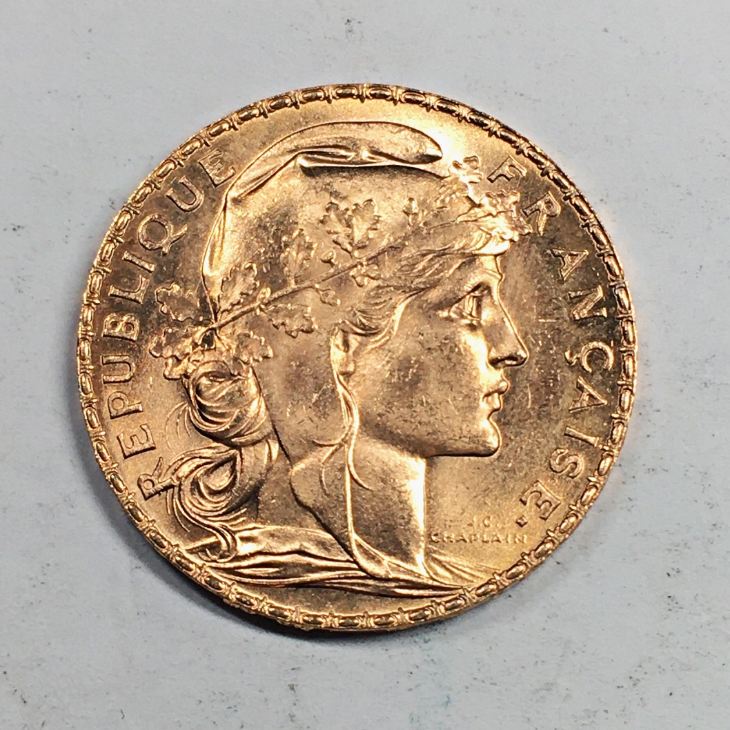 1910 France Gold 20 Francs Rooster Coin | Property Room