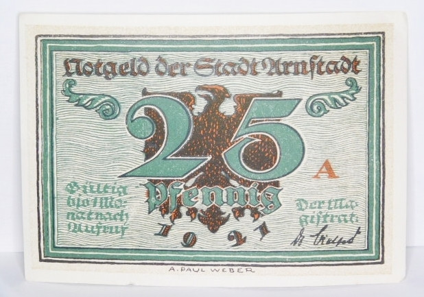 1921 German WW1 Era "Notgeld" Emergency Paper Money 25 Pfnnig ...