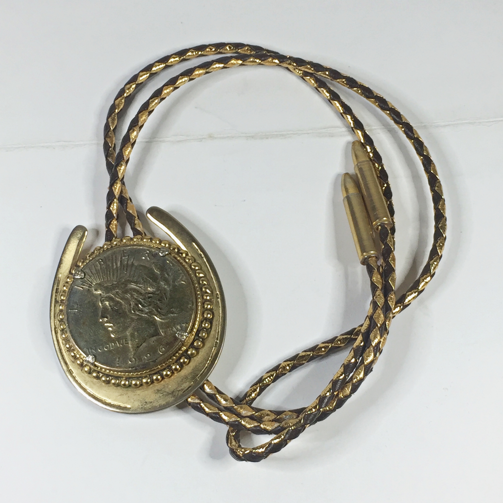 1926 Peace Silver Dollar Bolo Tie Mounted in Horseshoe w/Bullet Tips ...