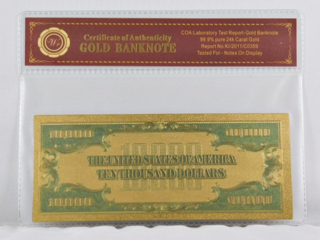 1928 $10,000 24K Gold Banknote w/COA Laboratory Test Report - Modern ...