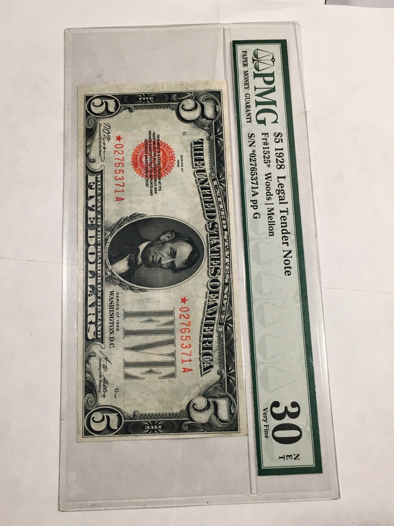 1928 $5 Legal Tender Red Seal STAR Note*Graded 30 Net Very Fine by PMG ...