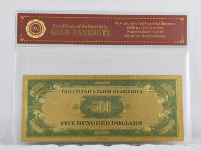 1928 $500 24K Gold Banknote w/COA Laboratory Test Report - Modern Issue ...