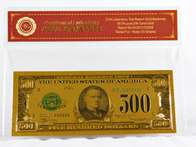 1928 $500 24K Gold Banknote w/COA Laboratory Test Report - Modern Issue ...