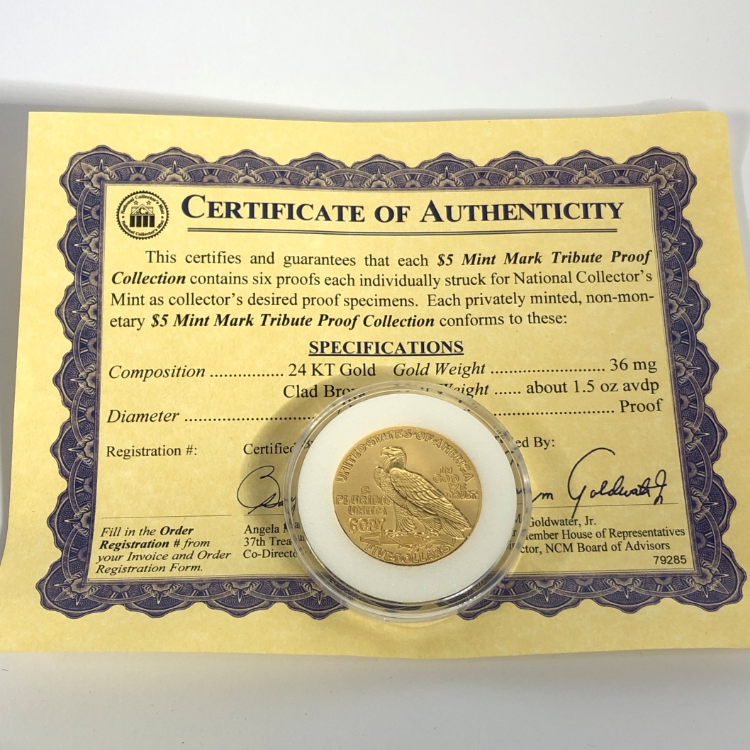 1929 $5 Gold Coin Replica Layered in 24KT Gold in Protective Holder ...