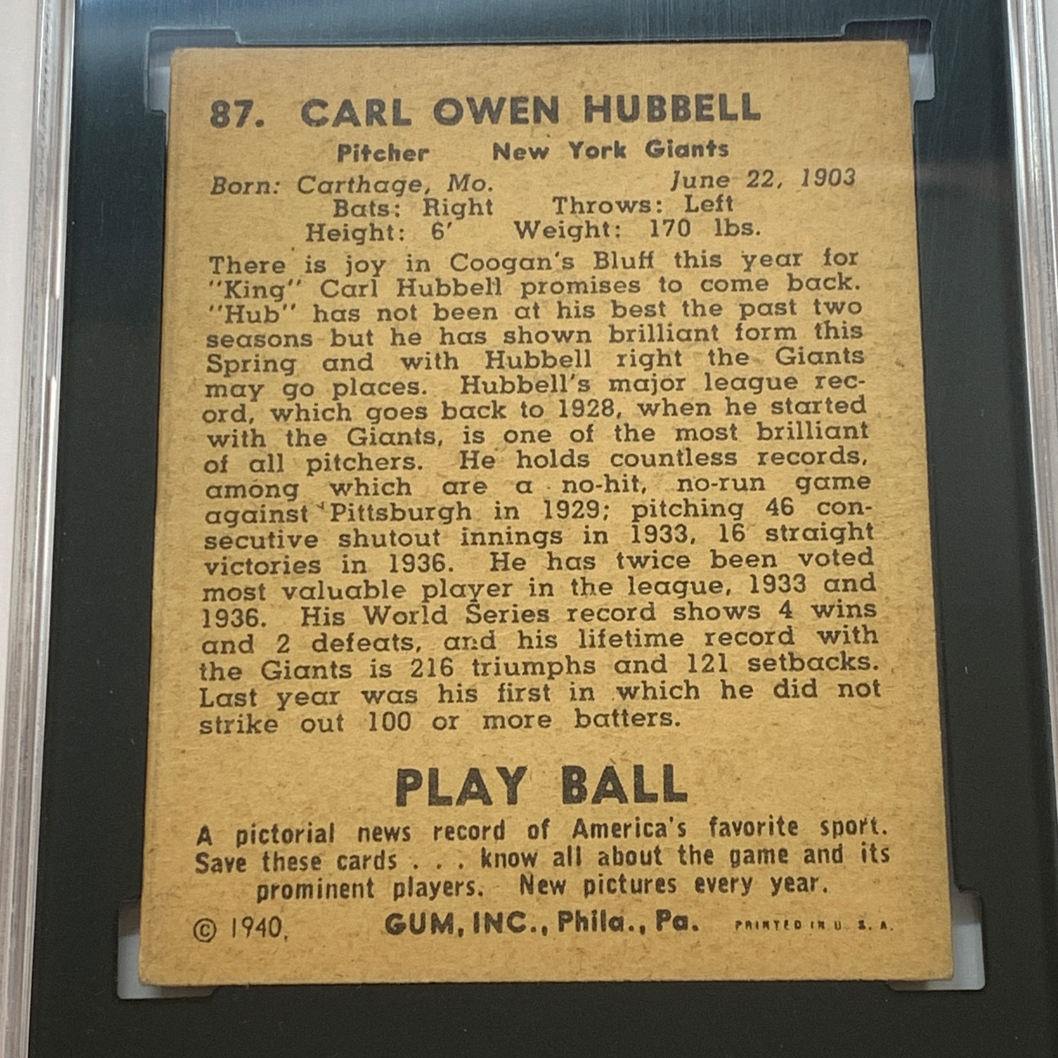 1940 Playball Carl Hubbell Hall of Fame Prewar Baseball Card Graded by ...
