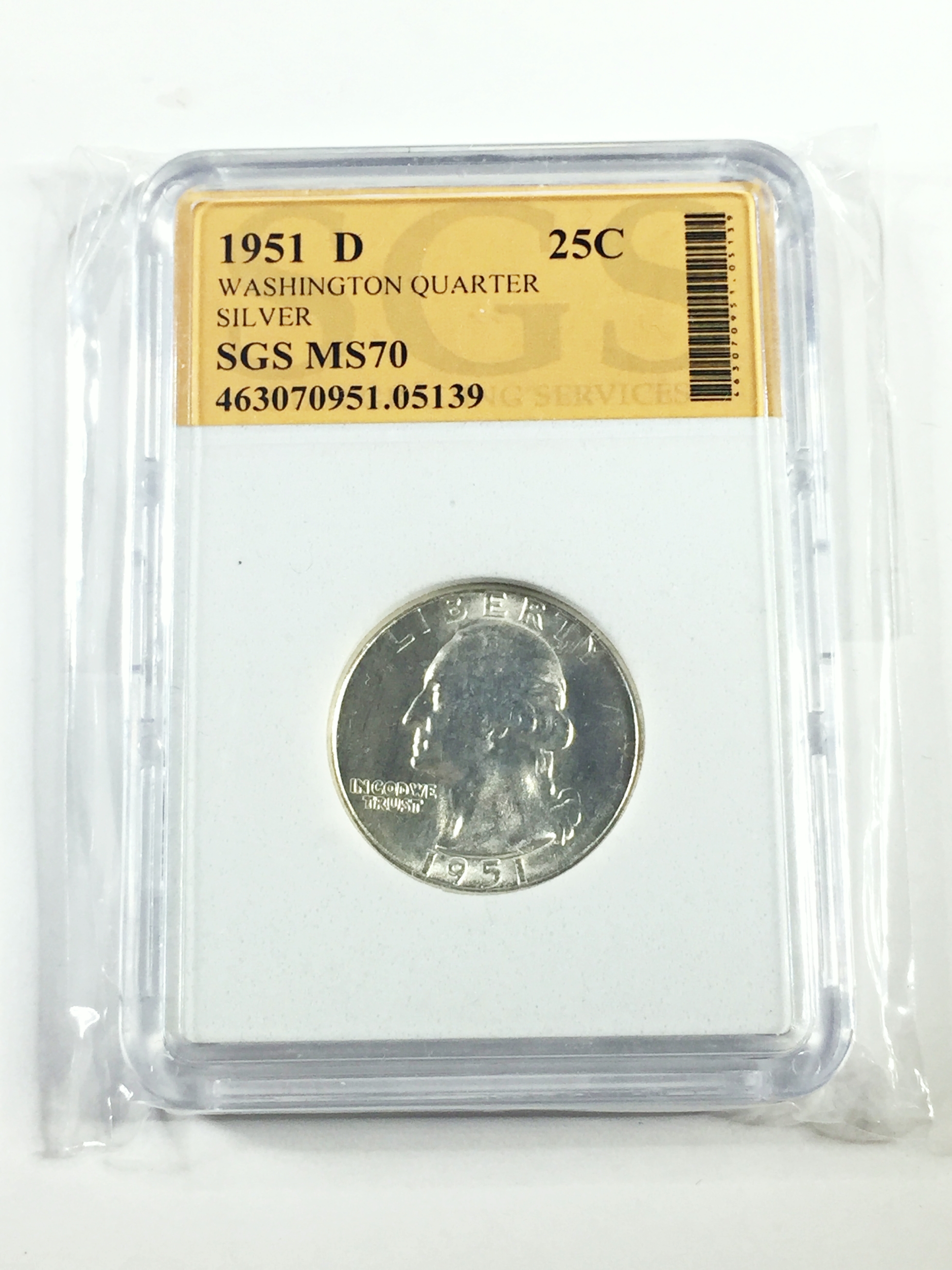 1951-D Silver Washington Quarter*Graded MS70 by SGS | Property Room