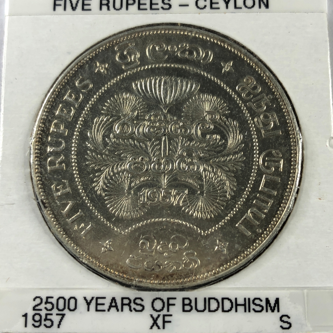 1957 Ceylon Silver 5 Rupees-2500 Years of Buddhism*Better Grade ...
