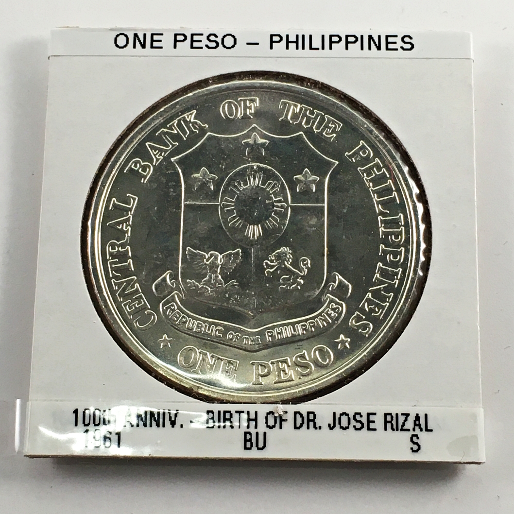 1961 Philippines Silver One Peso*100th Anniv.-Birth of Dr. Jose Rizal ...