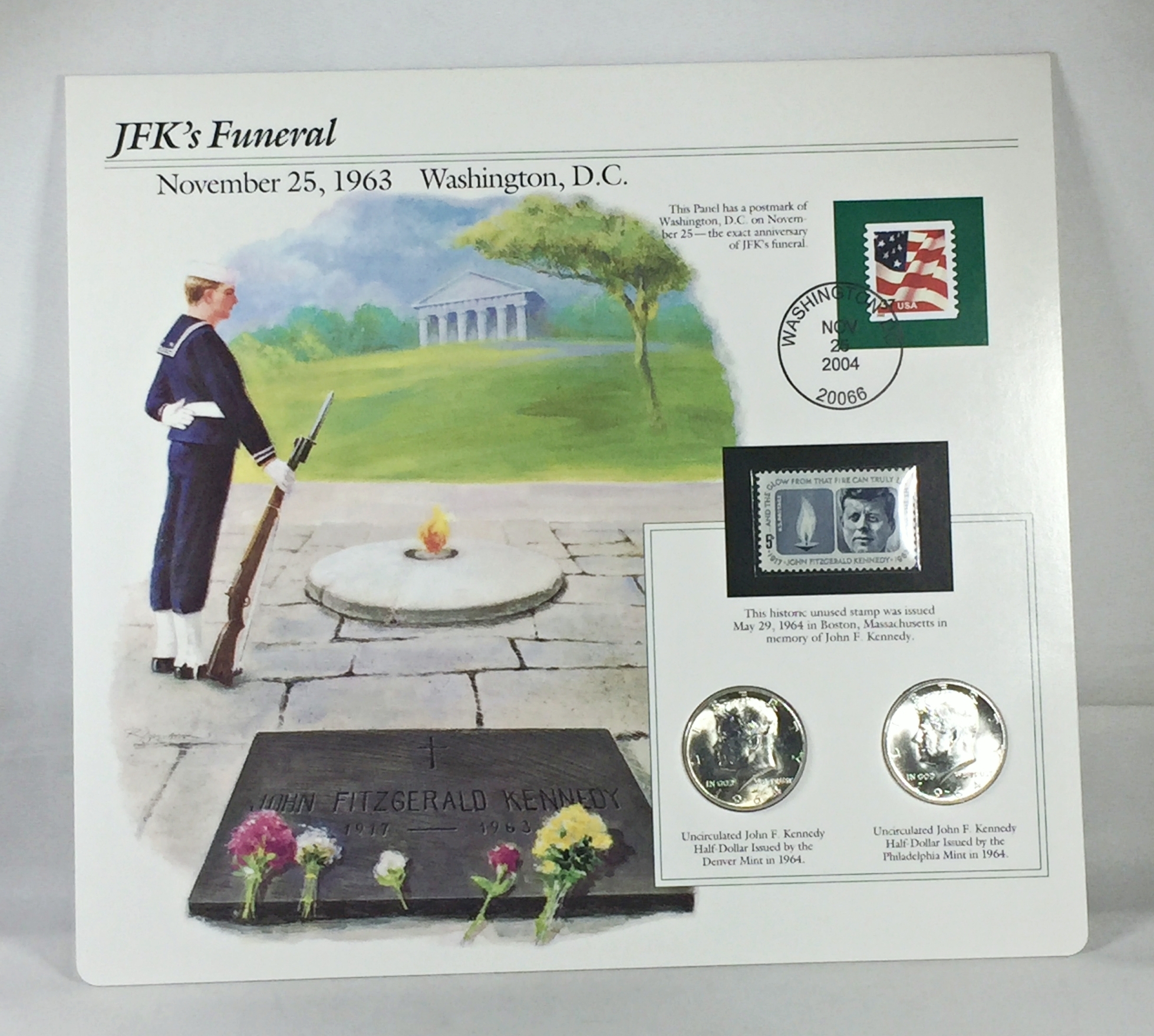 1964 P & D Silver Kennedy Half Dollars and 2 Stamps on 9" x 10 ...
