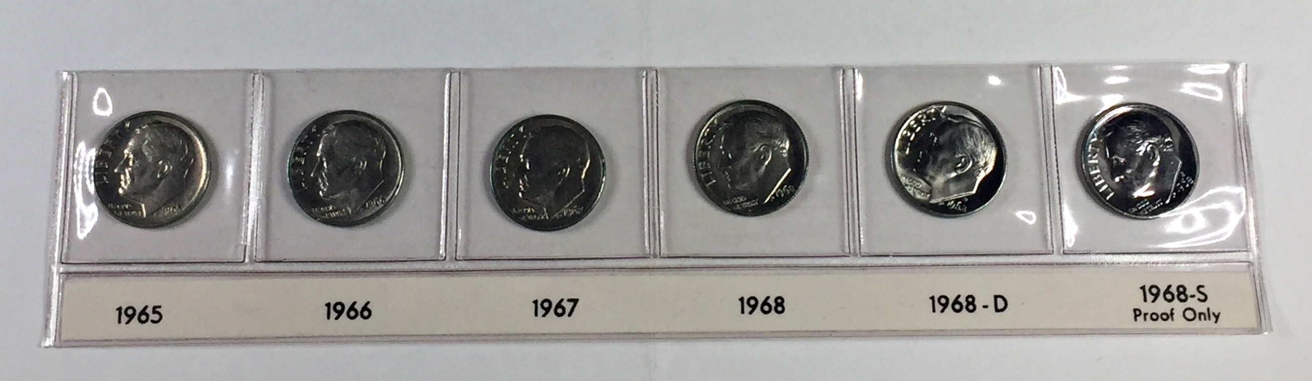 1965, 1966, 1967, 1968, 1968-D High Grade and 1968-S Proof Roosevelt ...