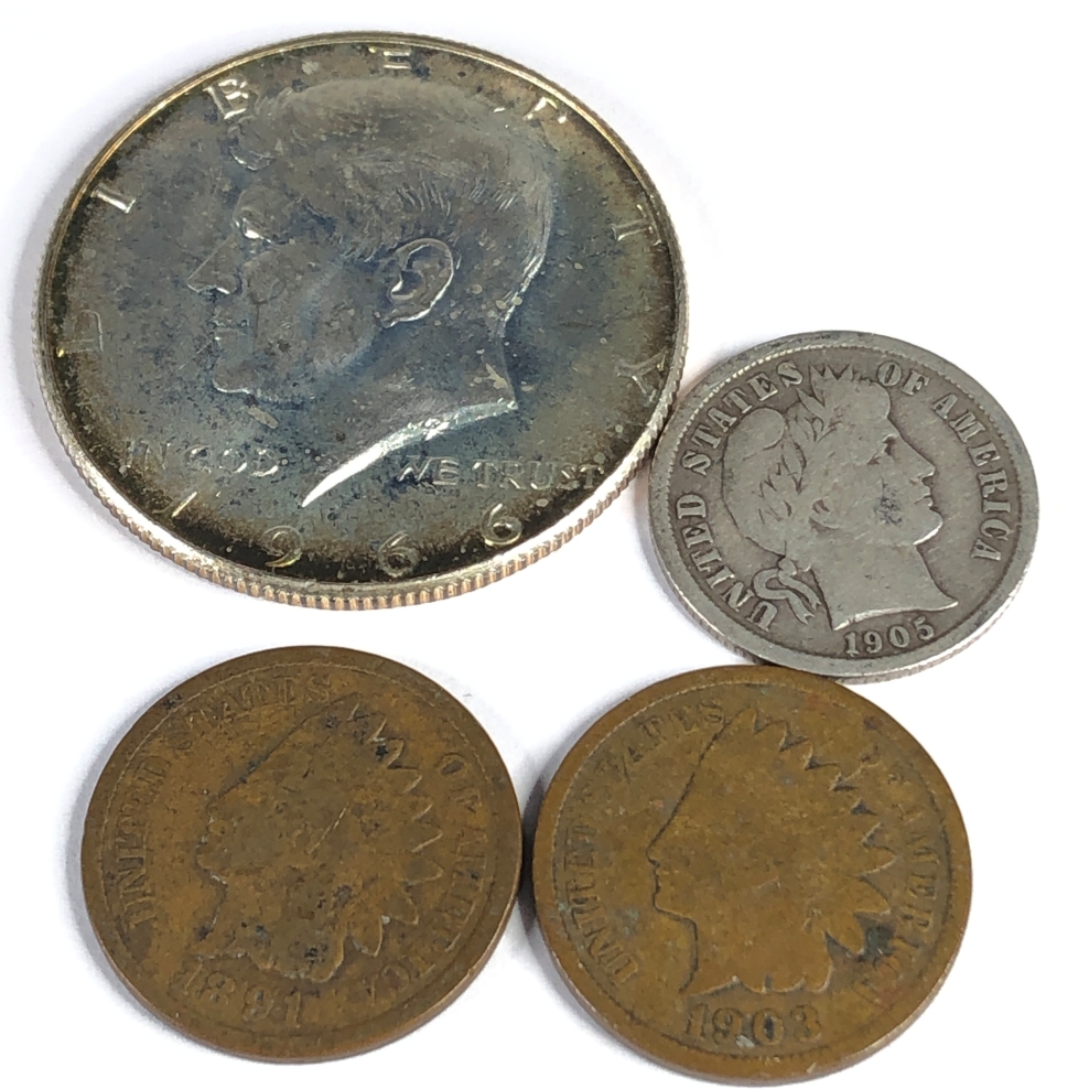 1966 Silver Kennedy 50c, 1905-S Silver Barber 10c, PLUS 1891 &1903 ...