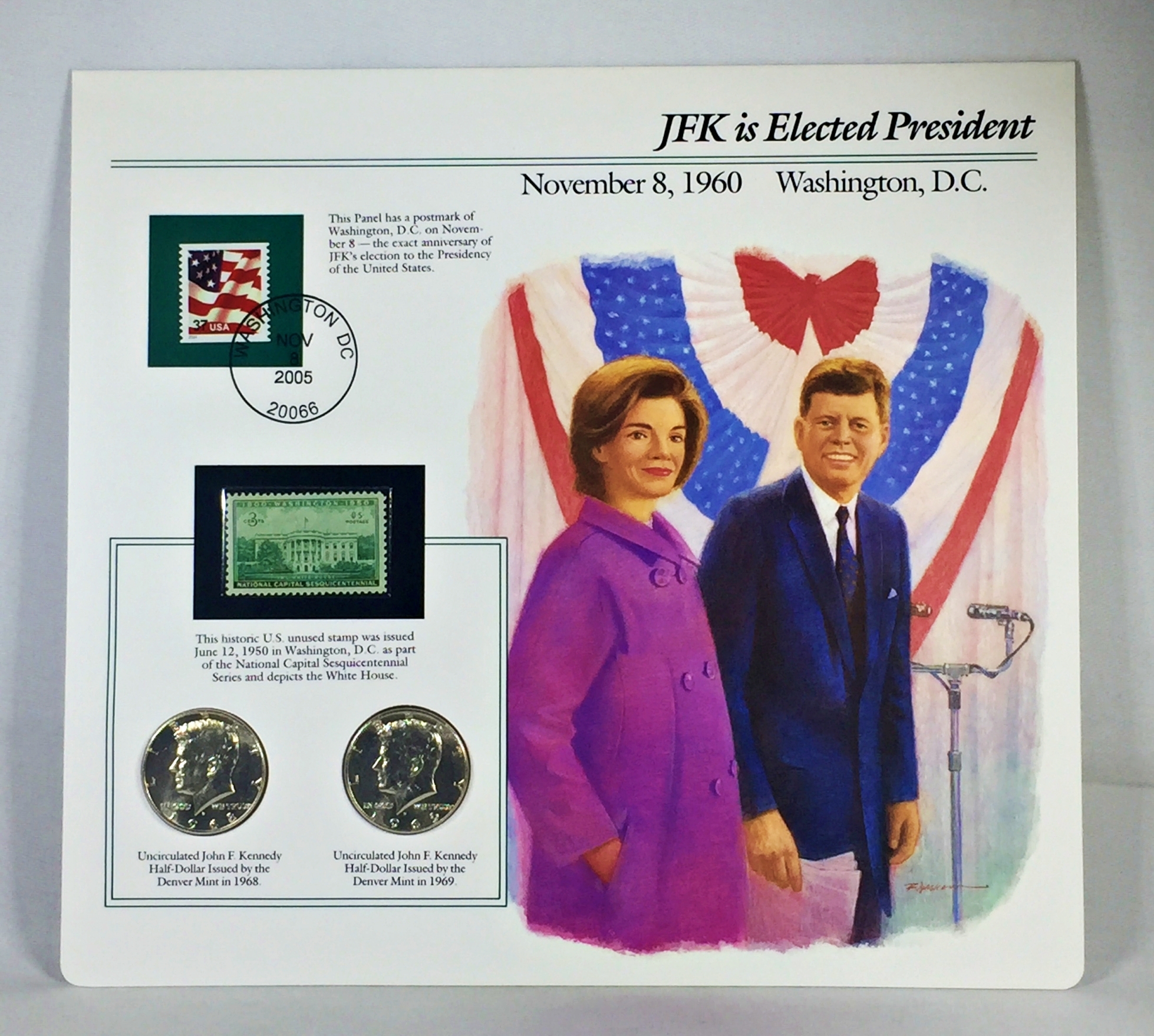 1968-D & 1969-D Kennedy Half Dollars and 2 Stamps on Commemorative ...