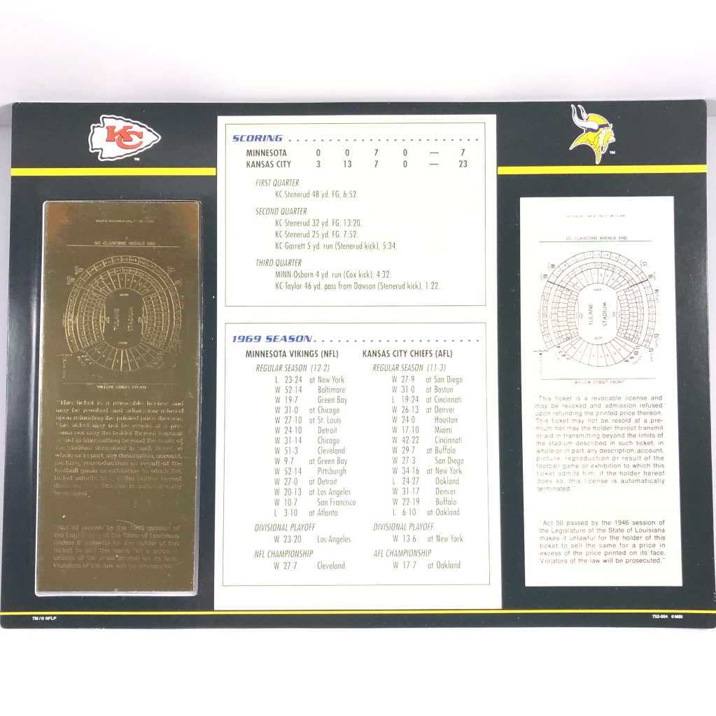 1970 Super Bowl IV Gold Foil Ticket Replica*Chiefs & Vikings*On 9" x 12" Story Board | Property Room