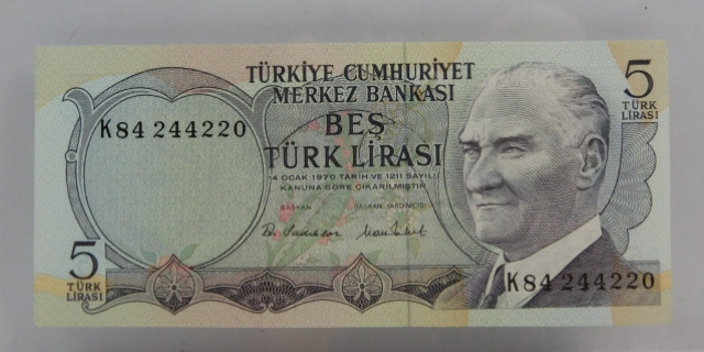 1970 Turkey 5 Lirasi - Crisp Uncirculated Bank Note | Property Room