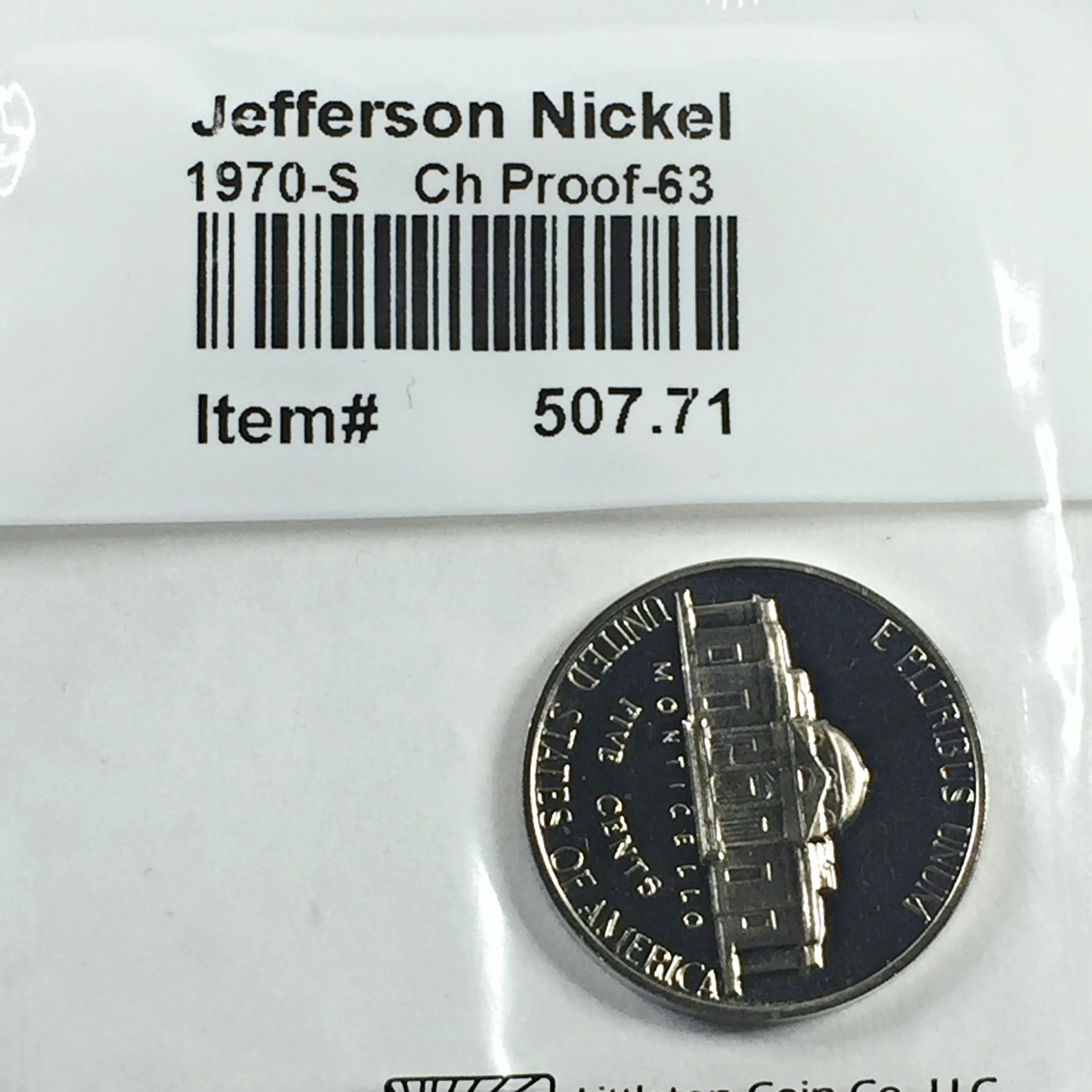 1970-S Proof Jefferson Nickel*Graded Ch Proof 63 by Littleton Coin Company*Sealed Packet ...