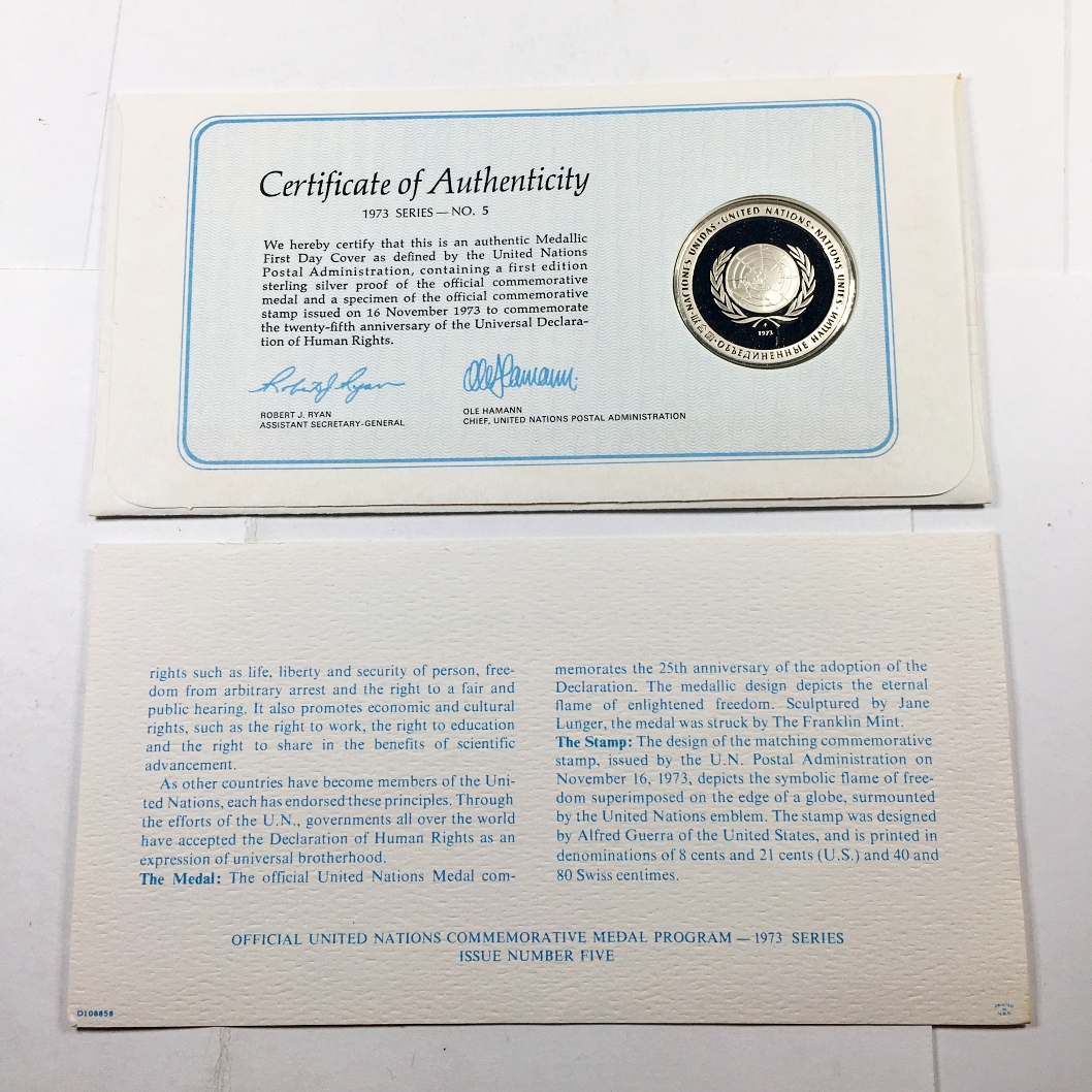 1973 Sterling Silver First Edition Proof of United Nations Human Rights ...