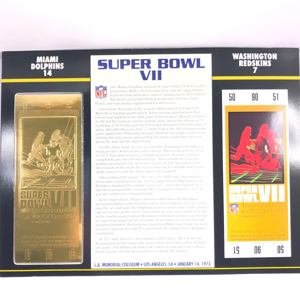 1973 Super Bowl VII Gold Foil Ticket Replica*Dolphins & Redskins*On 9" x 12" Story Board ...