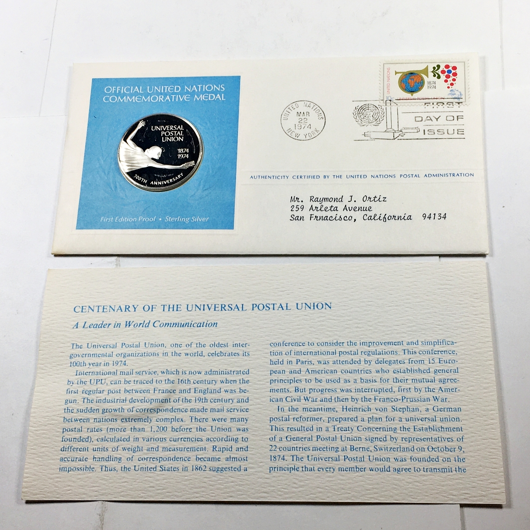 1974 Sterling Silver First Edition Proof of United Nations Postal Union ...