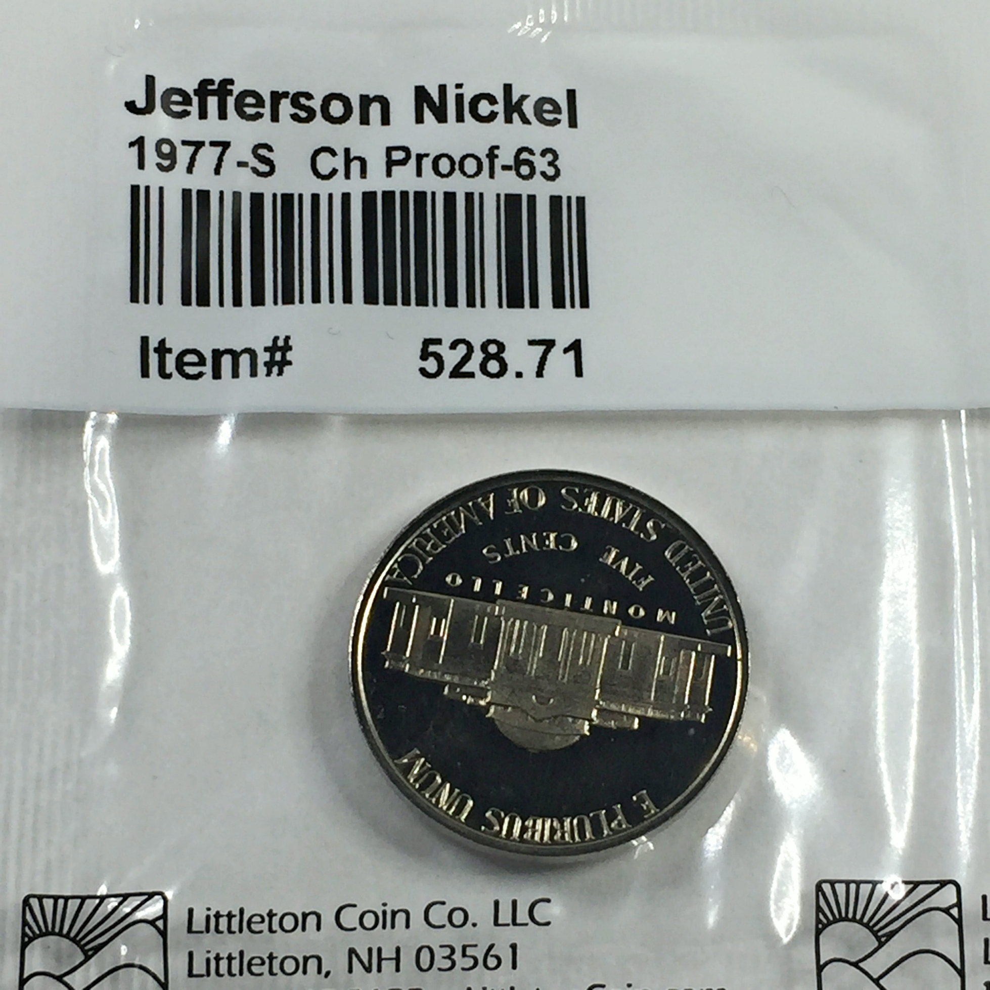 1977-S Proof Jefferson Nickel*Graded Ch Proof 63 by Littleton Coin Company*Sealed Packet ...