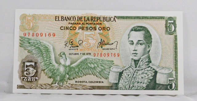 1978 Colombia 5 Pesos Crisp Uncirculated Bank Note | Property Room