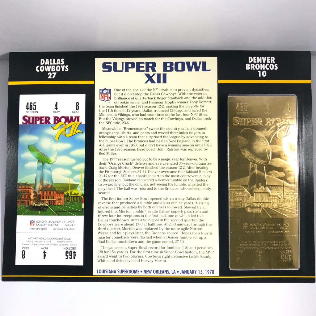 1978 Super Bowl XII Gold Foil Ticket Replica*Cowboys & Broncos*On 9" x 12" Story Board ...