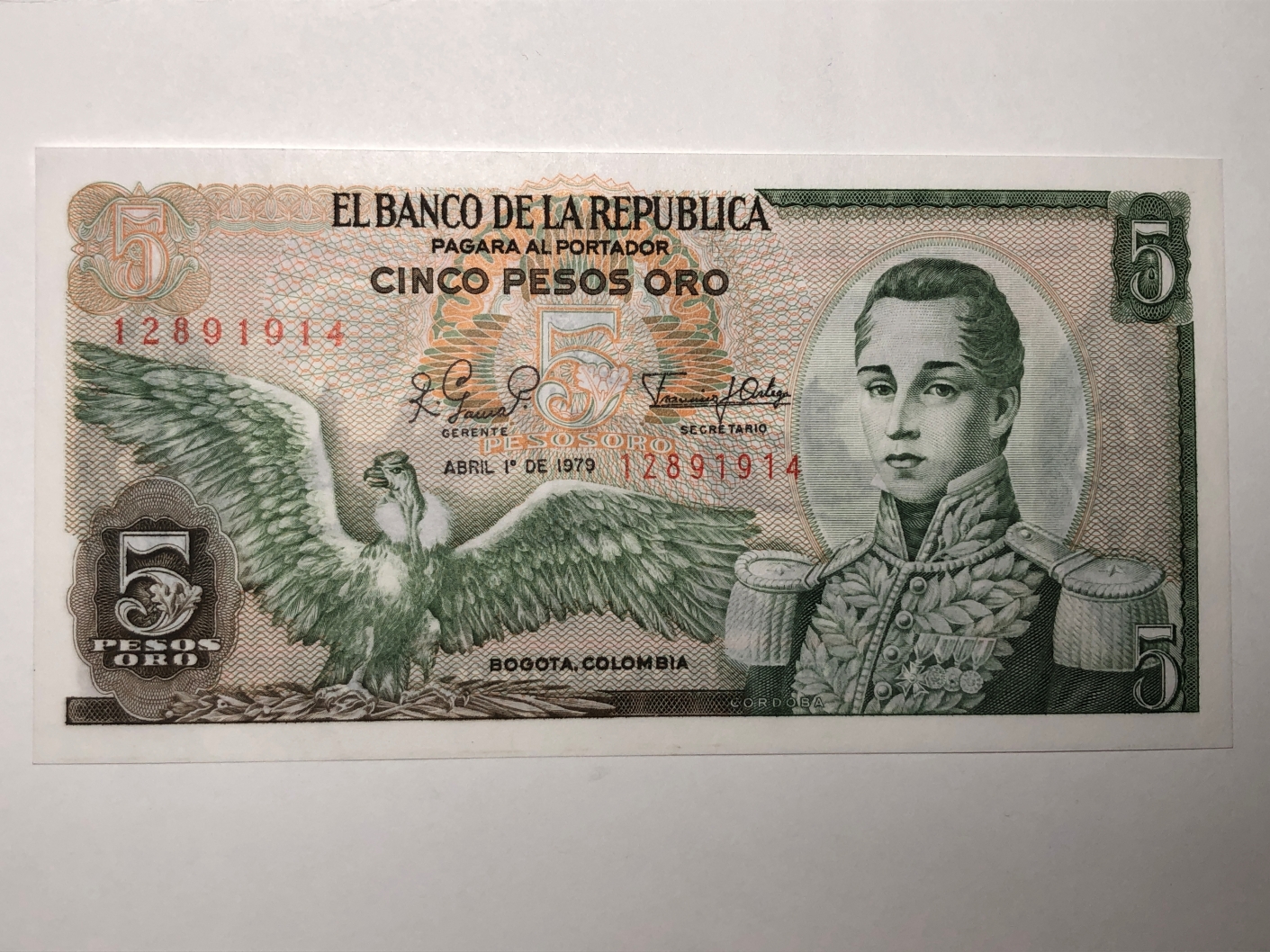 1979 Colombia 5 Pesos Oro Crisp Uncirculated Bank Note | Property Room