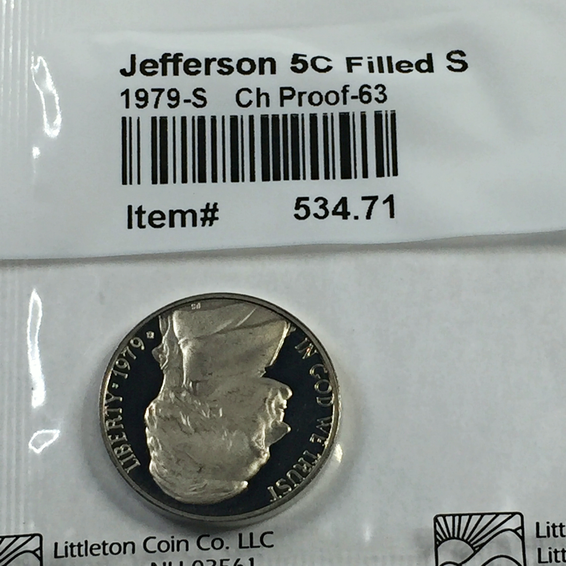 1979-S Proof Jefferson Nickel*Graded Ch Proof 63 by Littleton Coin Company*Sealed Packet ...