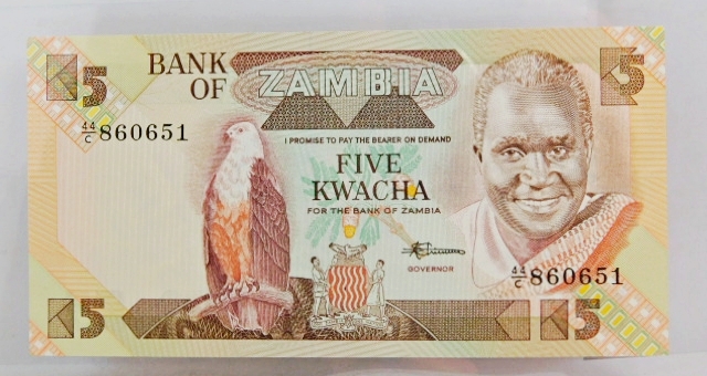1980-1988 Zambia 5 Kwacha - Crisp Uncirculated Bank Note | Property Room
