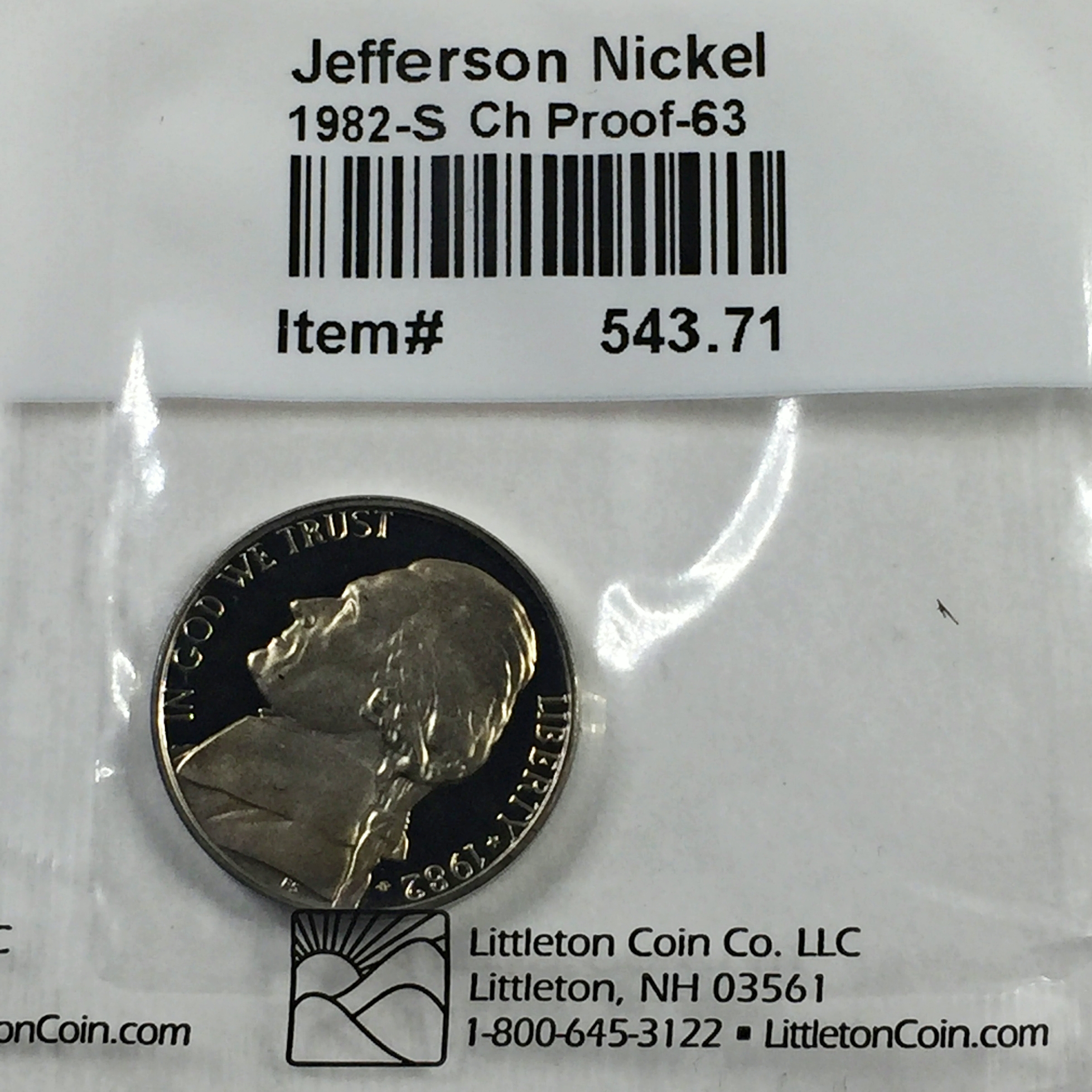 1982-S Proof Jefferson Nickel*Graded Ch Proof 63 by Littleton Coin Company*Sealed Packet ...