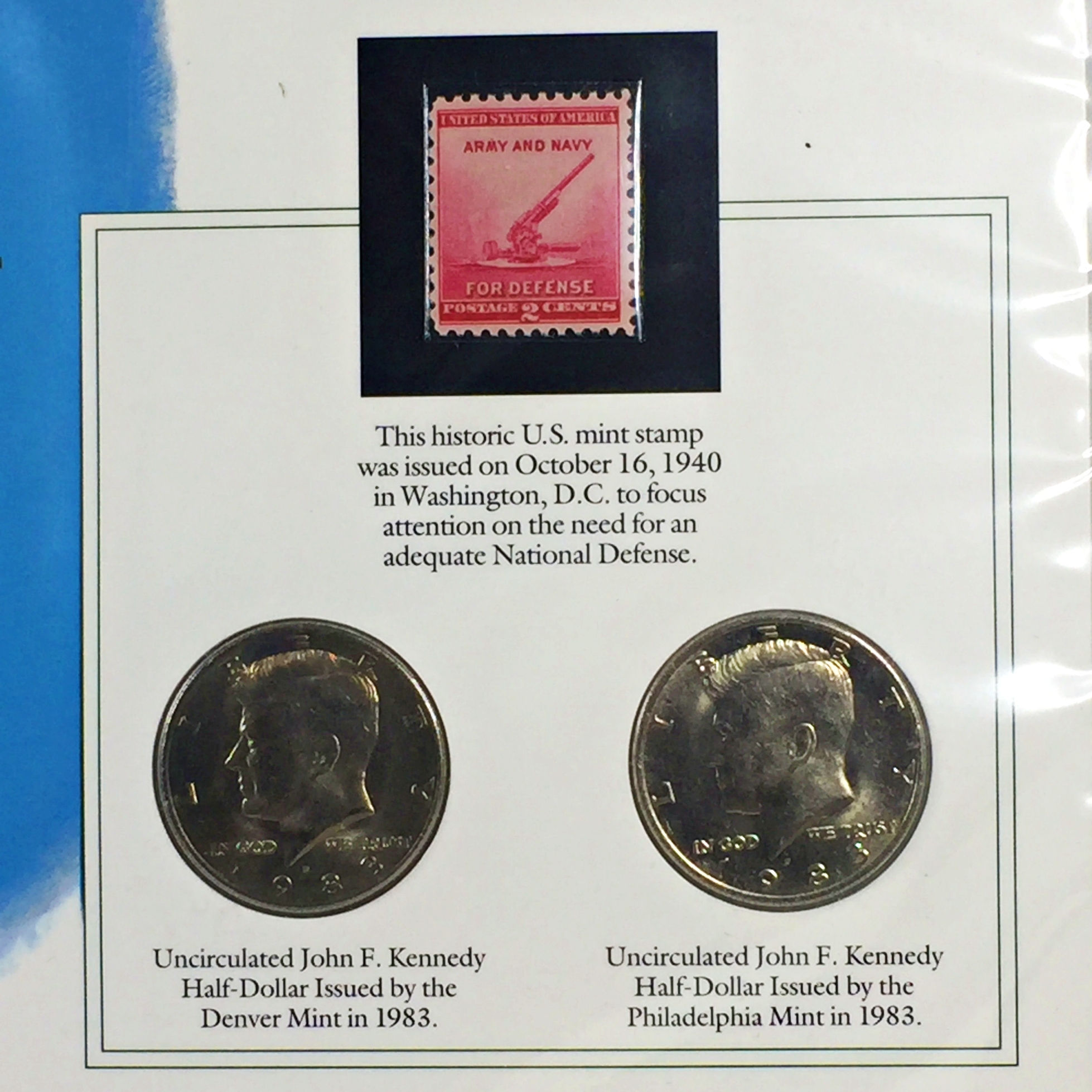 1983-P & D Kennedy Half Dollars and Stamp on Commemorative Story Board about JFK's PT-109 ...