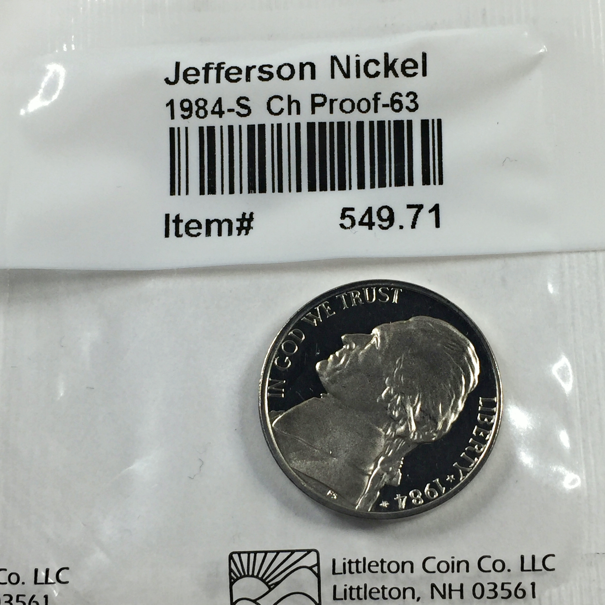 1984-S Proof Jefferson Nickel*Graded Ch Proof 63 by Littleton Coin Company*Sealed Packet ...